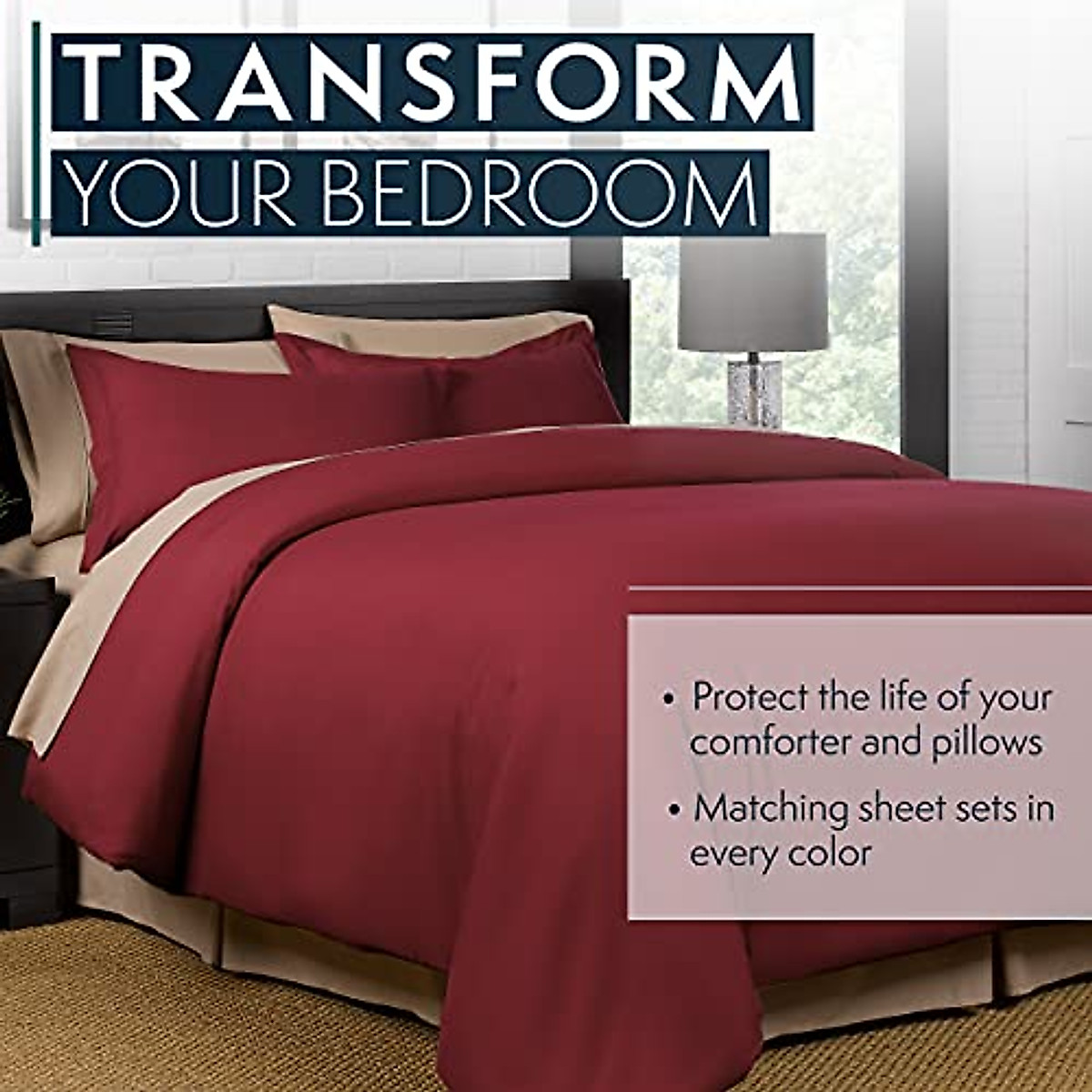 HC COLLECTION 1500 Thread Lightweight Duvet Cover Bed Linen Set with Zipper Closure for Comforters with 2 Pillow Shams, Queen, Burgundy