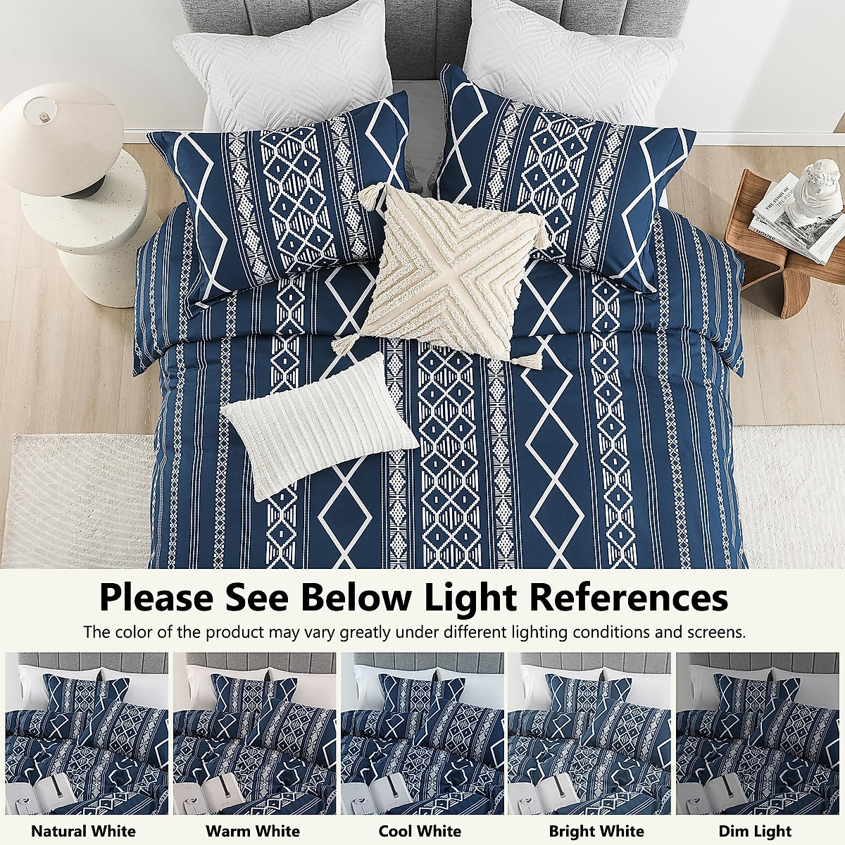 DUOMING Boho Duvet Cover Queen - 100% Cotton Navy Duvet Cover Set, Navy Blue Queen Duvet Cover with Zipper Closure & 8 Ties, 3 Piece Bohemian Duvet Cover Queen Set