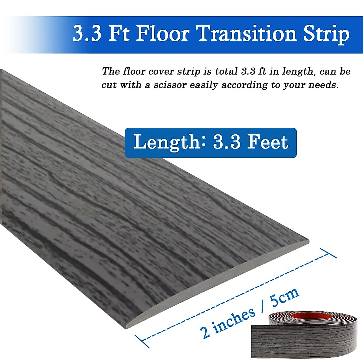 Floor Transition Strip Self Adhesive Floor Cover Strips Flooring Transitions Laminate 2" Wide Vinyl Flat Divider Elegant Wood Grain Design (5cm, 3.3Ft, Dark Gray)
