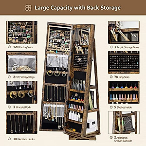 SERWALL 360 Rotating Jewelry Stand Organizer - Jewelry Armoire with Full-Length Mirror- Freestanding Dressing Mirror Jewelry Cabinet Storage - RUSTIC BROWN