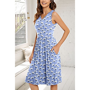 NILOUFO Womans Casual Summer Dresses Sleeveless Empire Waist Ladies Dress with Pockets (A:Dandelion Blue, Small)