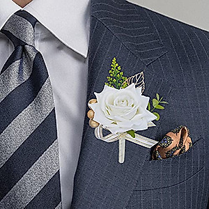 BASIMAN Boutonniere for Men Wedding White Rose Corsage Wristlet Band Bracelet for Women Bride Bridesmaid Wrist Corsage (2Pcs White Rose Set)