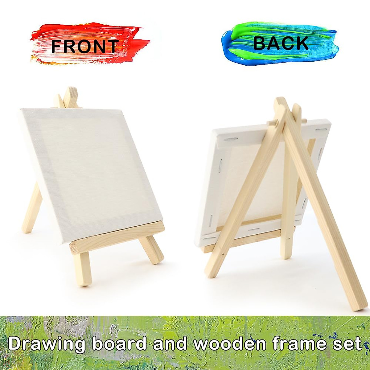 WYBG 4 Pieces Mini Canvases for Painting with Easel Set, 3x3 Inch Stretched White Blank Canvas Panels Wood Easels Small Canvas with Easel Small Canvas for Adults Kids