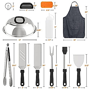 30-Piece Griddle Cleaning Kit and Grill Accessories for Blackstone, Spatula Set, Apron, Scraper, Melting Dome, Egg Rings, Squeeze Bottles, Tongs and Fork Included