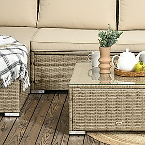 Outsunny 3 Piece Patio Wicker Furniture Set with Storage Loveseat, PE Rattan Conversation Sofa Set, L-Shaped Sectional Couch with Soft Cushions, and Glass Top Coffee Table, Khaki