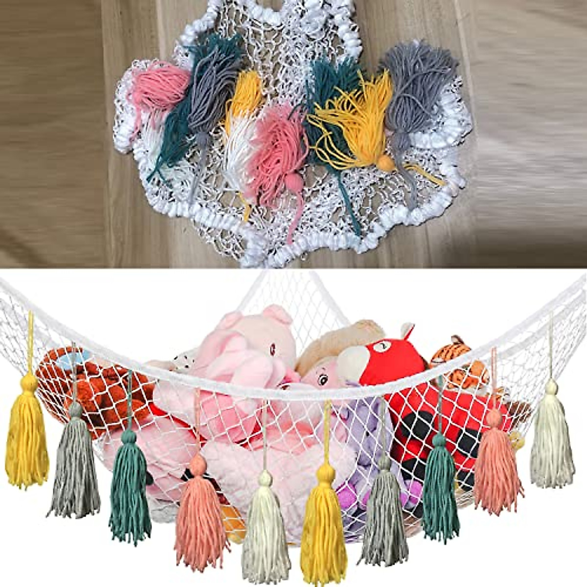 KOHUIJOO Stuffed Animal Hammock, Jumbo Stuffed Animal Net Corner Wall Hanging Toy Hammock with Tassels Kids Macrame Stuff Animals Organizer Storage Boho Mesh Toy Net Holder for Stuff Animals