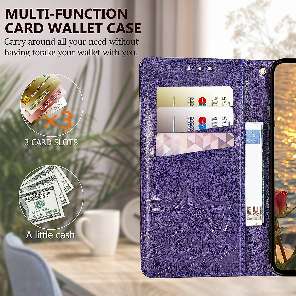 Designed for Pixel 6A Case Wallet,Women Flip Cover with Butterfly Embossed PU Leather Kickstand Credit Card Holder Slots Wrist Strap Protective Phone Case for Google Pixel 6A (2022) (Purple)