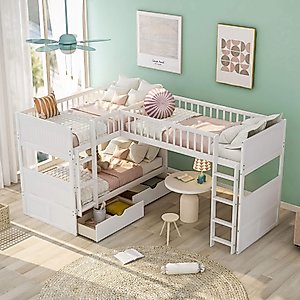 GLORHOME Twin-Over-Twin Triple Bed Wooden L-Shaped Bunk Bed with Ladders and 2 Storage Drawers, Space Saving Bedroom Furniture for Kids Teens