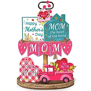 Mother's Day Centerpiece Table Decorations Happy Mother's Day Party Centerpieces Wooden Table Signs Thank You Mom Tiered Tray Decor Flower Heart Mom Party Supplies for Mother's Gift
