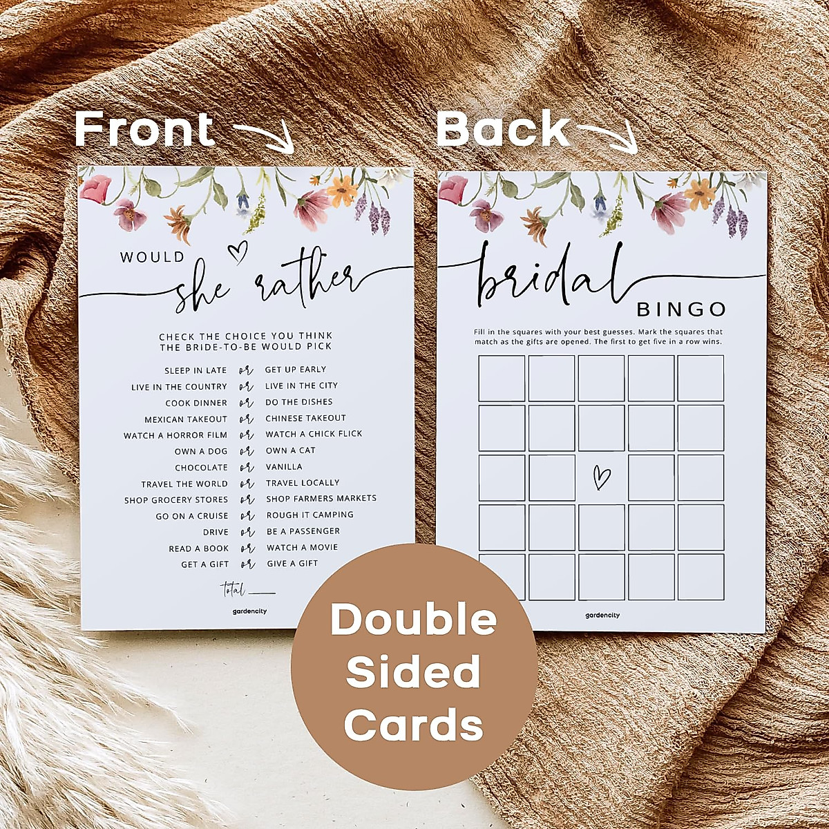 Bridal Shower Games - 4 Bridal Shower Games for 30 Guests, (He Said She Said, Would She Rather, Bridal Bingo, What Did The Groom Say), Double-Sided Cards (Wildflower)