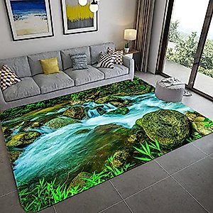 Non Slip Rugs Green White Stone Flowing Water Leaves Pattern Area Rugs Living Room Rugs for Indoor Home Decorative Shag Carpet Rugs 8x10 Feet / 240x300 cm