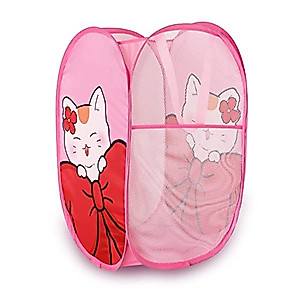 WEI LONG Mesh Popup Hamper-Foldable Lightweight Basket for Washing-Durable Clothing Storage for Kids Room,Students College Dorm,Home,Travel & Camping-Pop-up Clothes Hamper (Pink Kitty Cat)