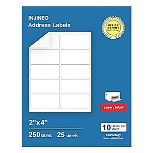 INJINEO Address Labels, 2" x 4" Shipping Address Labels for Inkjet & Laser Printers, Mailing Labels Compatible with 5163, 5263 and 8163 Labels, Easy to Peel (250 Labels, 25 Sheets)