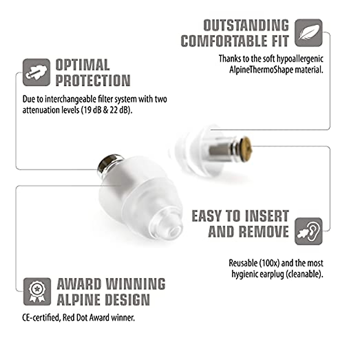 Alpine MusicSafe Pro - High Fidelity Earplugs for Musicians - 3 Interchangeable Premium Filter Sets: 16, 19 & 22 dB - Professional Musician Hearing Protection - Transparent