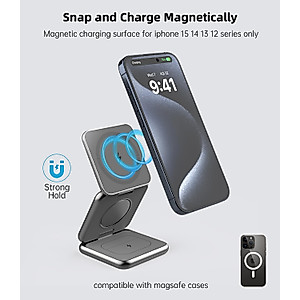 KU XIU Foldable Magnetic Wireless Charger, Aluminum Alloy 3 in 1 Charging Station for Apple, Fast Mag-Safe Charger Stand for iPhone 15 14 13 12 Pro/Max/Plus, for AirPods 3/2/Pro,5W for iWatch-Gray