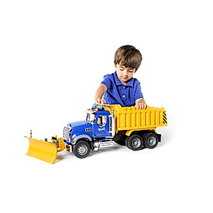 Bruder 02825 Mack Granite Dump Truck with Snow Plow Blade for Construction and Farm Pretend Play with Light & Sound Module