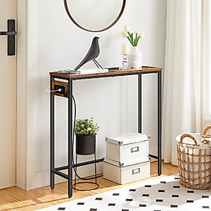 HOOBRO 2 Pack 29.5 Inches Narrow Console Table with Outlets, Small Sofa Table, Entryway Table with Shelves, Side Table, Display Table, for Hallway, Bedroom, Foyer, Living Room, Rustic Brown and Black