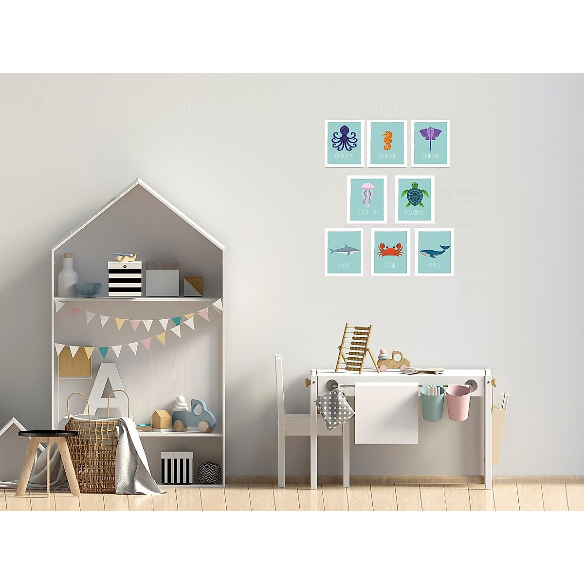 Kindred Sol Collective Ocean Animals Wall Cards, Nautical Nursery Room Decor, Kids Educational Marine Art, Toddler Gift, Set of 8 5x7 inch Prints for Classroom, Daycare and Playroom