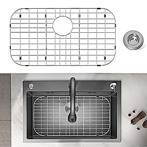 Stainless Steel Sink Protector 26"x14" with Rear Drain, Metal Sink Rack for Bottom of Sink, Kitchen Sink Grate and Sink Protectors with Sink Strainer (26" x 14" - Rear Drain)
