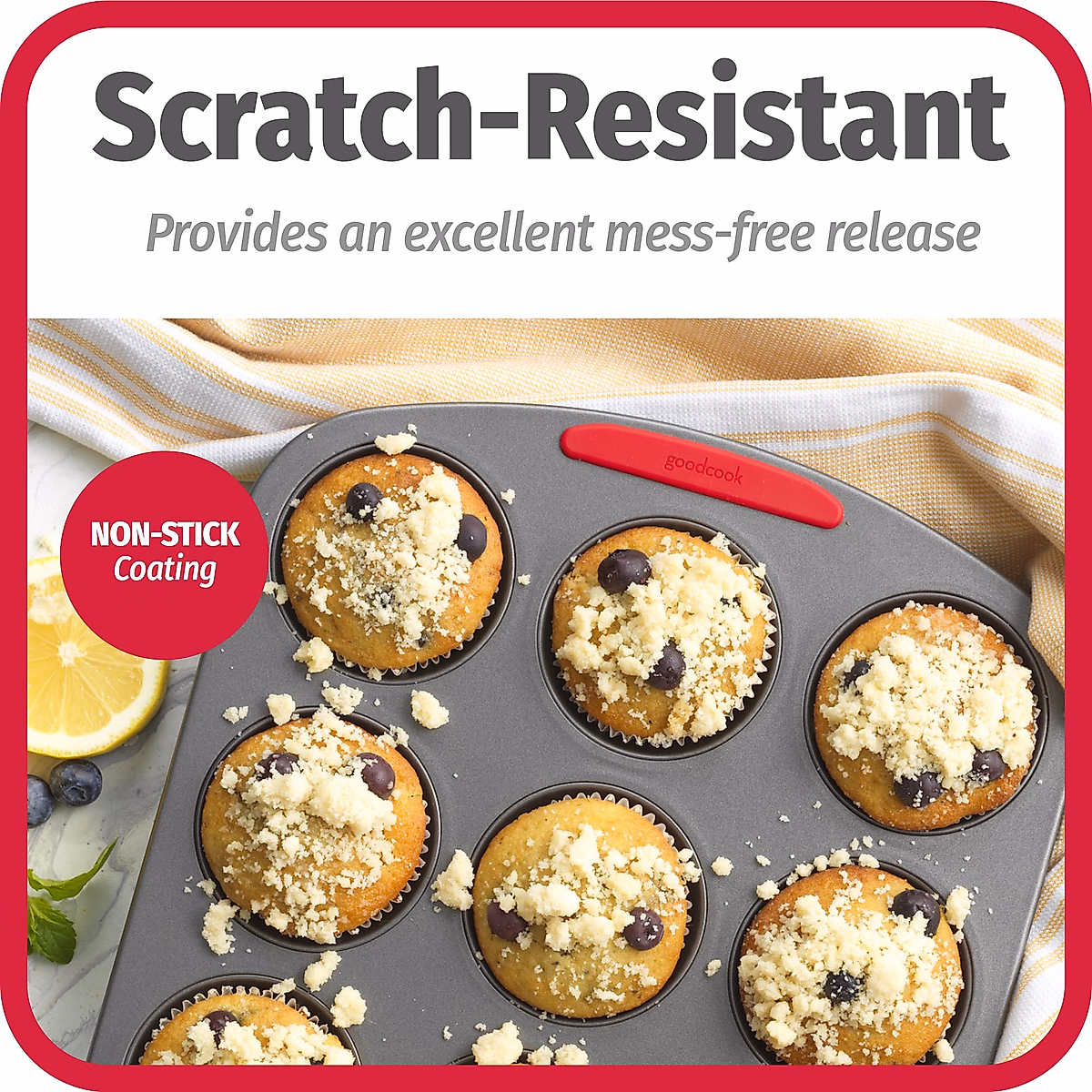 GoodCook MegaGrip 12-Cup Nonstick Steel Cupcake and Muffin Pan with Silicone Grip Handles, Gray