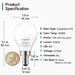 SHINESTAR 8-Pack Ceiling Fan Light Bulbs, Small Base, 120V 40W Equivalent, 5000K Daylight, E12 LED Candelabra Bulb, Non-Dimmable