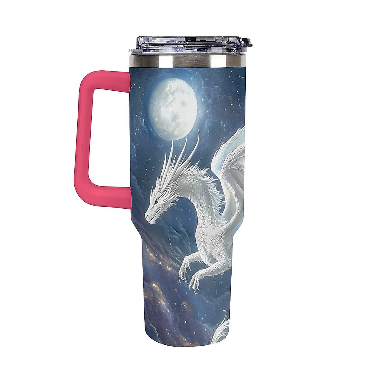 White Dragon Soaring Moon Moonlight 40oz Water Bottle Double Wall Insulated Tumbler with Handle Leakproof Travel Mug Light Rose Red-style