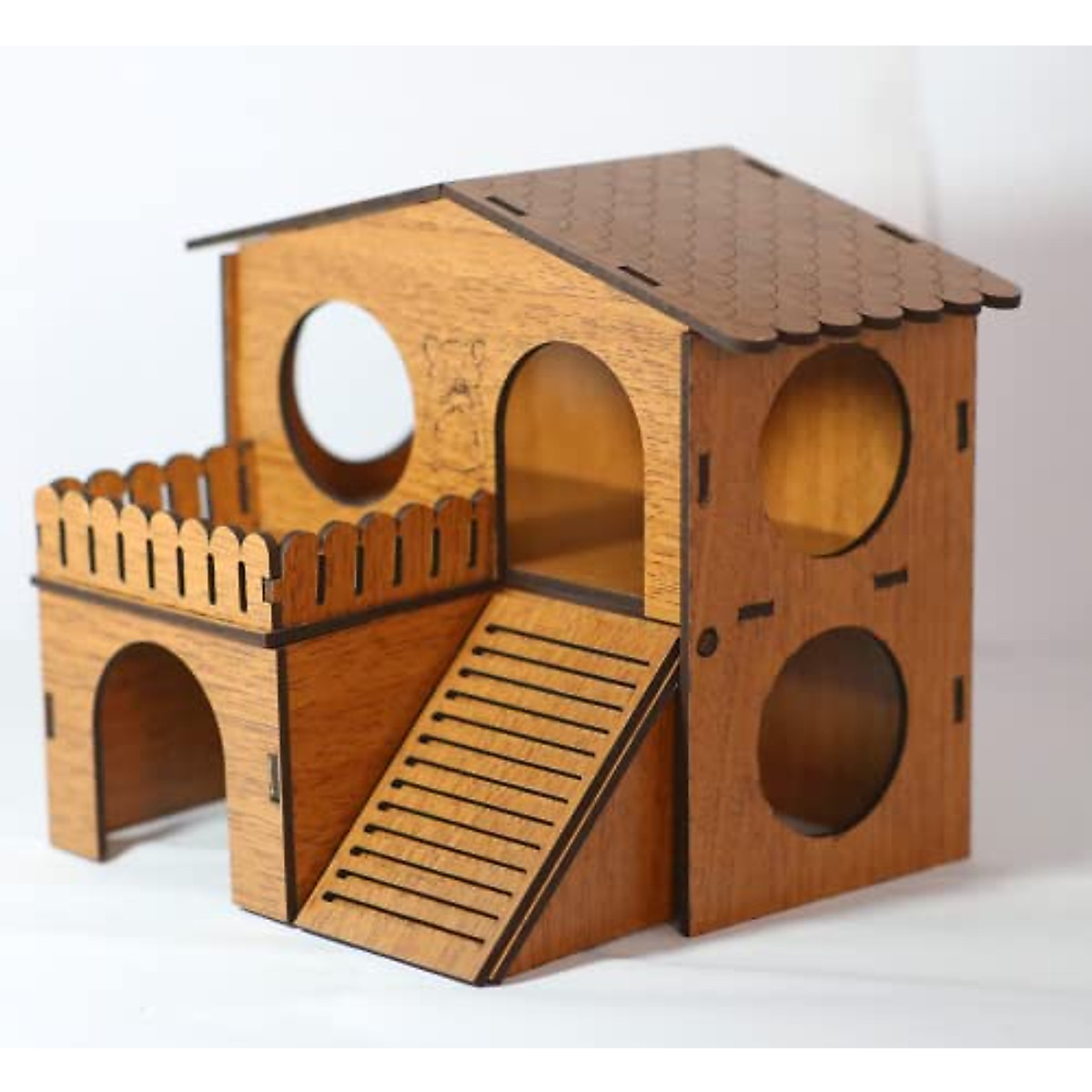 2 Storey Hamster House with Wide Door Small Animal Climbing Ladder Dwarf Hamster Small Pet Dwarf Hamster Cage Small Animal Hideout Easy Clean Wooden Hideaway, Brown