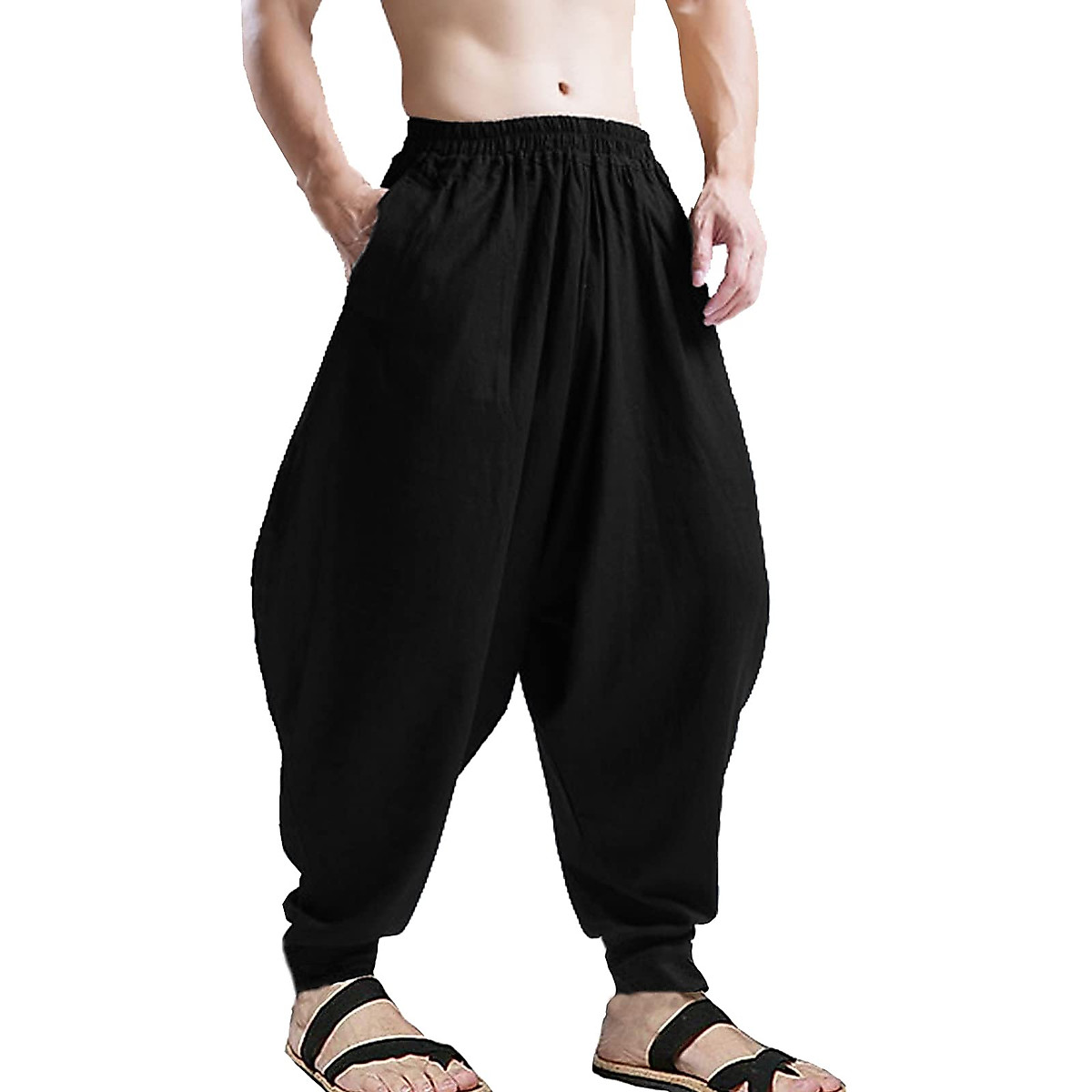 ONTTNO Men's Harem Pants Loose Stretchy Waist Casual Hippie Trousers (Black)