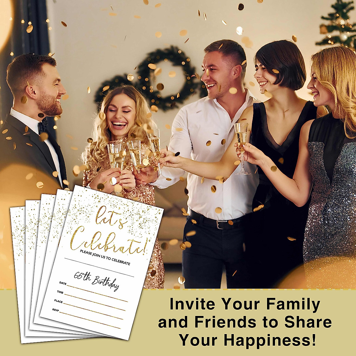 YSTEP 65th Birthday Party Invitations, 20 Invite Cards with Envelopes, 4" x 6" White and Gold Confetti Birthday Invites - C28