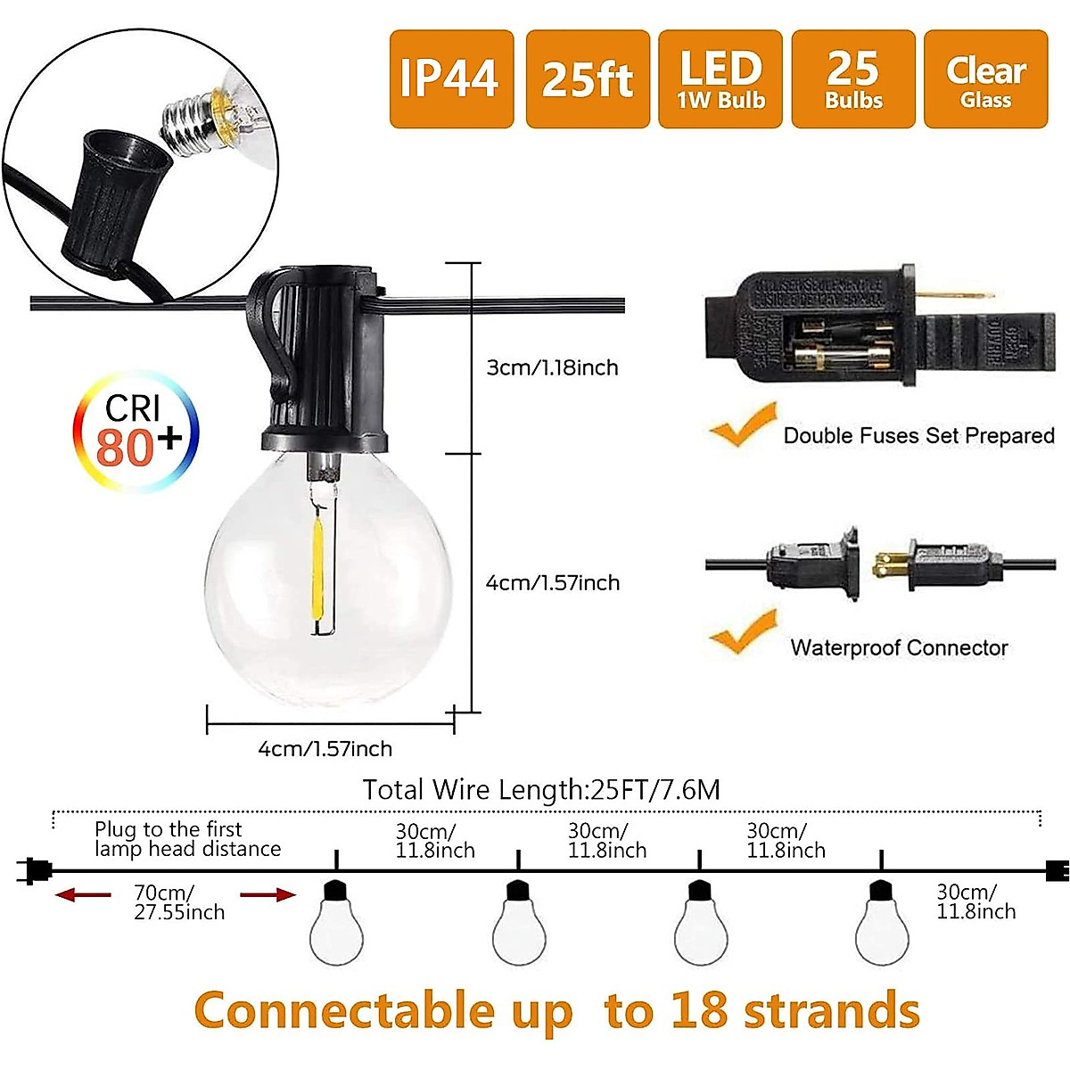 Genixgreen 1W G40 LED Light Bulb 25ft String Light 2700K, E12 Socket Outdoor Replacement Light Bulbs for Cafe Bistro Backyard Garden Indoor Outside Patio, Pack of 25