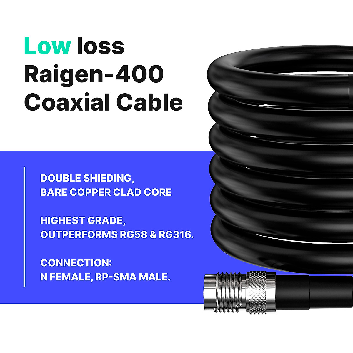 RAIGEN-400 N Type Female to RP-SMA Male - Helium Miner Cable 10ft Low Loss Extension for LoRa Antenna HNT Hotspot Nebra RAK Bobcat Syncrob Sensecap WiFi 4G LTE 10-100ft (10ft N-Female to SMA-Male)