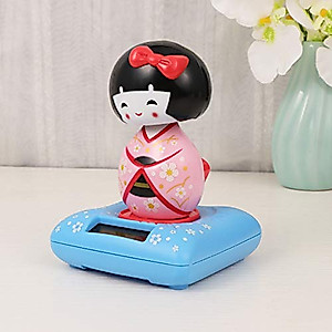 Amosfun Solar Powered Bobble Shaking Head Dancing Toy Japanese Kokeshi Doll Figurines Statues Car Dash Board Decorations Pink