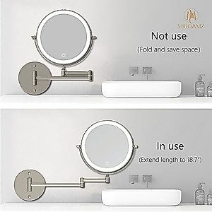 MIROAMZ Rechargeable Wall Mounted Lighted Makeup Vanity Mirror 8 Inch Double Sided 1X 10X Magnifying Bathroom Mirror, 3 Color Lighting, Touch Screen Dimming, 360 Rotation Shaving Mirror Brushed Nickel
