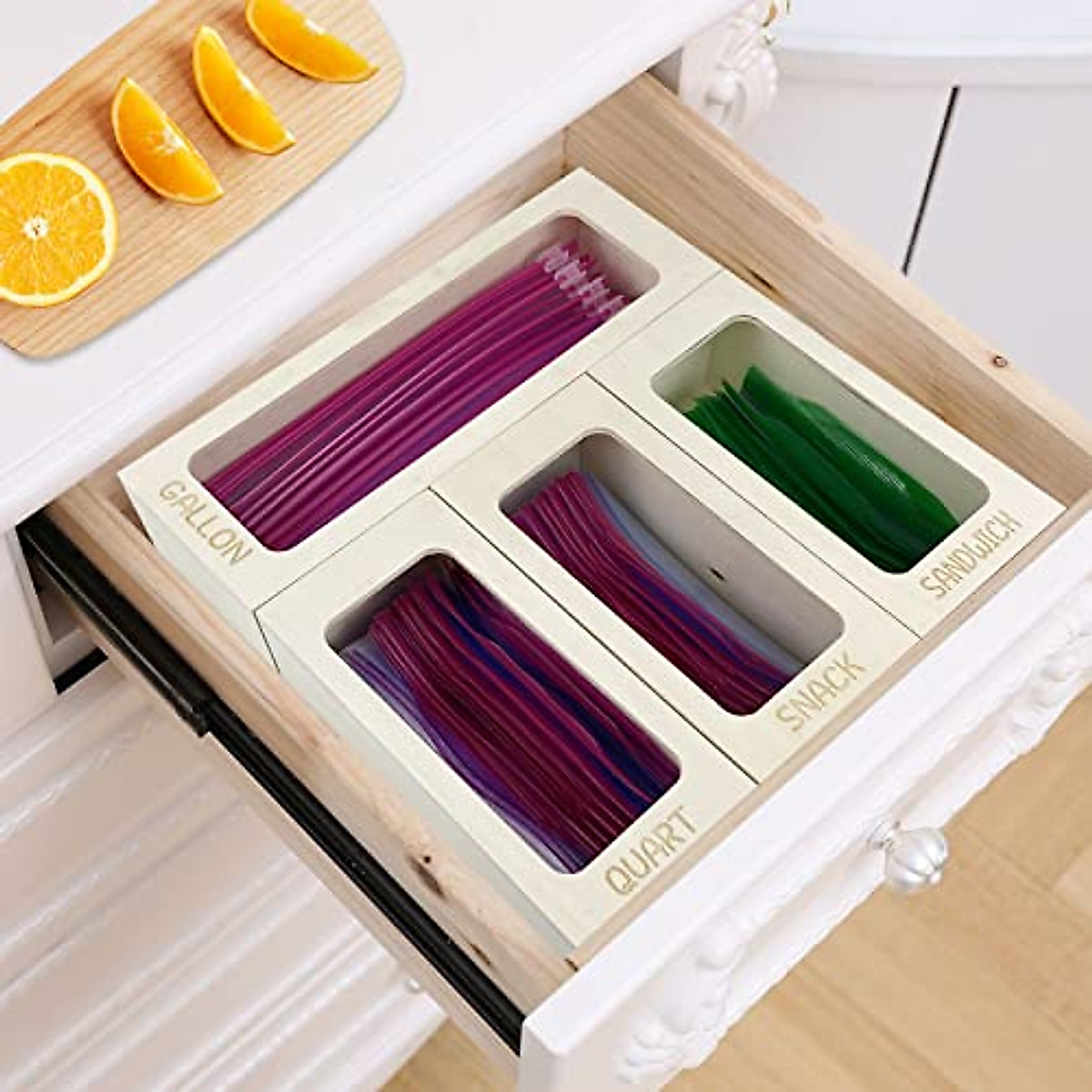 Ziplock Bag Storage Organizer for Drawer-Wood Ziplock Bag Storage Holds Kitchen Drawer or Wall Hanging, Holds Gallon, Quart, Snack Sizes, Sandwich Compatible with Hefty, Glad (Nature)