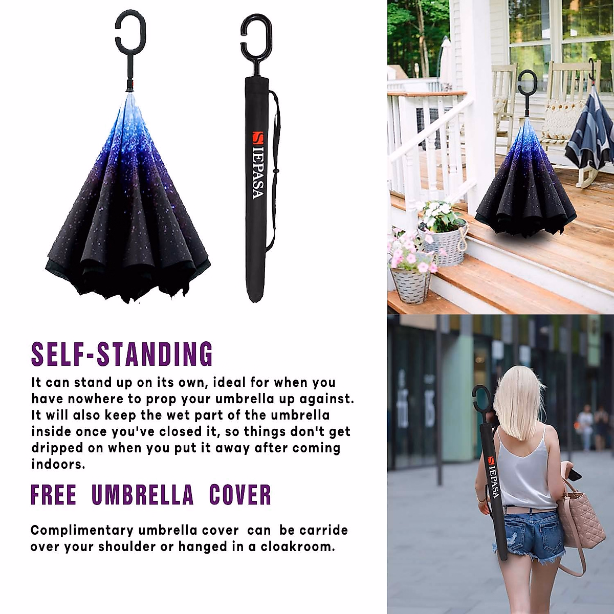 SIEPASA Spar. Saa Double Layer Inverted Umbrella with C-Shaped Handle, Anti-UV Waterproof Windproof Straight Umbrella for Car Rain Outdoor Use
