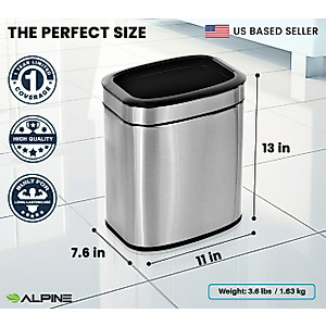 Alpine 10 Liter Small Bathroom Trash Can No Lid - Open Top Stainless Steel Bathroom Trash Can 2.6 Gallon, Slim Silver Trashcans for Bedroom, Office, Desk, Kitchen with Removable Bin for Easy Disposal