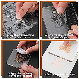 4 Sheets Sentiments Rubber Clear Stamps Set Different Sentiments Rubber Clear Stamp 2 Pieces Acrylic Stamp Blocks Tools with Grid Lines for Holiday Card Making and DIY Scrapbooking Journaling