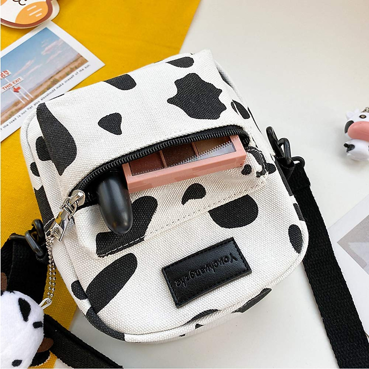 Cow Print Canvas Crossbody Purse Cute Animal Shoulder Handbag Phone Bag with Plush Pendant for Women Girls Kids