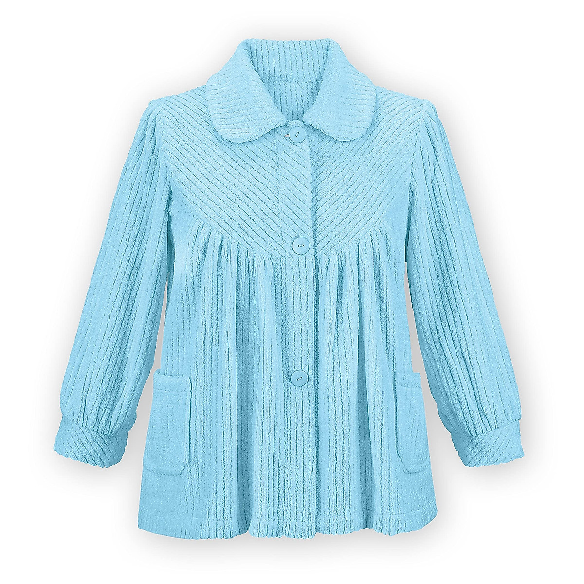 Collections Etc Women's Soft Fleece Button Down Night Shirt with Pockets - Comfy Flattering Fit Over Pajamas or Nightgown, Light Blue, Medium