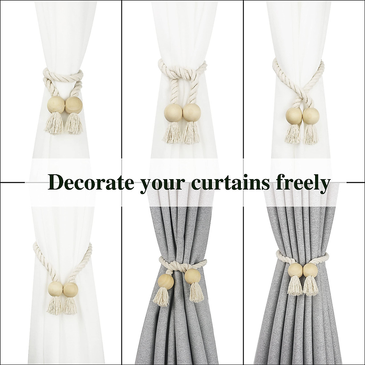 Nieffeiy 4 Pack Magnetic Curtain Tiebacks Cotton Hand Woven Tie Back Decorative Rope Holdbacks for Curtains Draperies No Tools Required, Beige