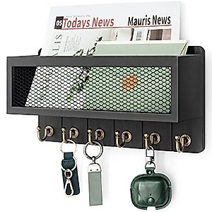 Rebee Vision Decorative Key and Mail Holder for Wall: Farmhouse Wall Mount Sorter with Storage Basket and 6 Retro Key Hooks - Wooden Mail Holder for Office, Appartment, Home Decor (Modern Black)