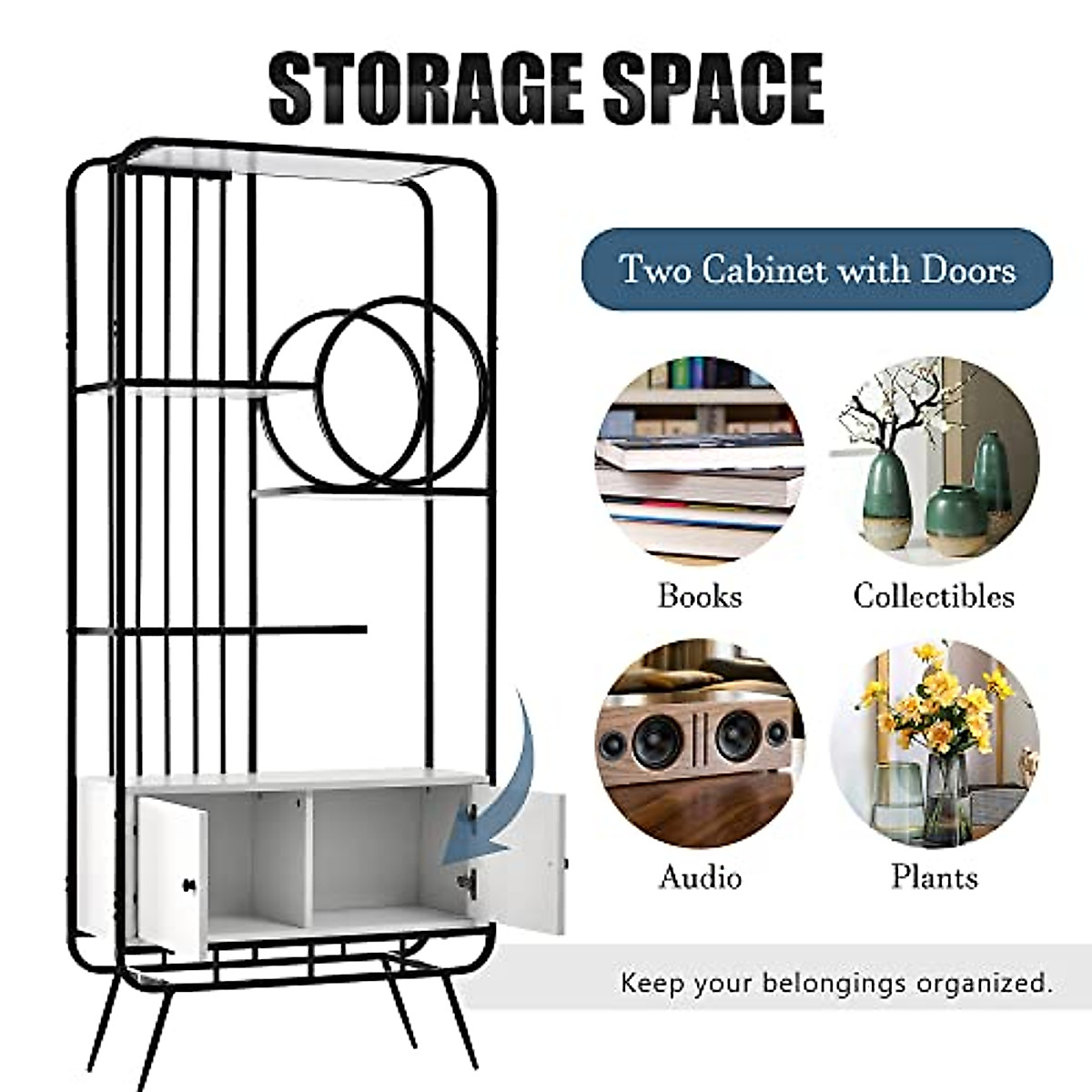 Bookcase with Cabinet,Open Bookshelf with Storage,Freestanding Display Rack Tall Shelving Unit, with Black Metal Frame for Home Office, Living Room, Bedroom