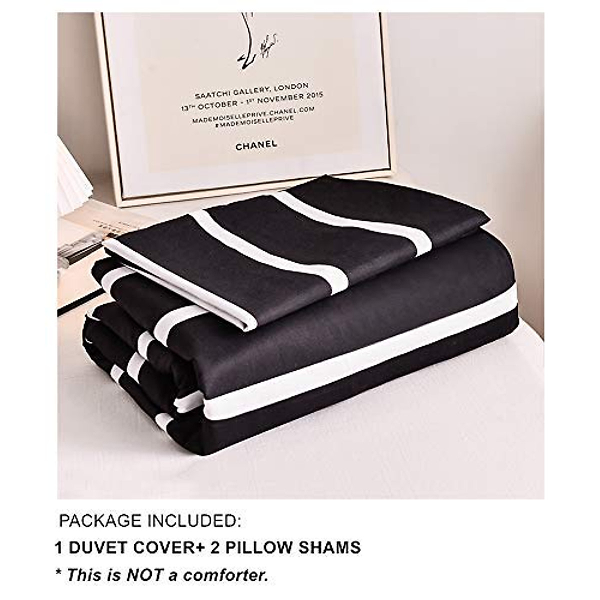 Lightweight Hotel Luxury Duvet Cover 3 Piece Set-Black with White Vertical Stripes Ultra Soft Premium Microfiber Breathable Comforter Cover with Zipper Closure, Corner Ties Full/Queen (90x90 inches) …