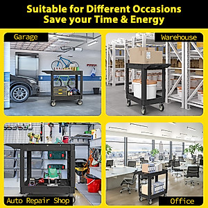 Plastic Tool Cart on Wheels, 2-Shelf Utility Service Cart (40" x 17"), 550lbs Heavy Duty Rolling Work Cart with 360° Swivel Wheels and Ergonomic Handle for Garage Warehouse Workshop, Black