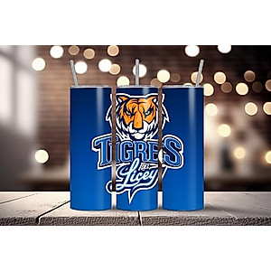 Licey Dominican Team Tumbler, 20 oz Stainless Steel Baseball Themed Tumbler, Double Wall for Hot and Cold Drinks, Cute Design with Lid, Brush and Straw, Non-Slip Base, Travel Mug. (Blue)
