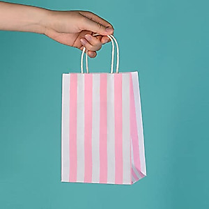RNORRI Gift Bags 50Pcs 5.25x3.75x8 Inch Paper Bags Small Pink And White Bags Pink Party Bags Shopping Bags With Handles, Striped Bags For Baby Shower, Birthday, Business, Retail
