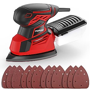 POPULO Electric Sander Tool,Hand Sander 14,000 OPM with 12 Pieces Sandpapers, Detail Sander with Dust Box for Woodworking,Suitable for Tight Spaces Sanding,Polishing,Removing Paint in Home Decoration