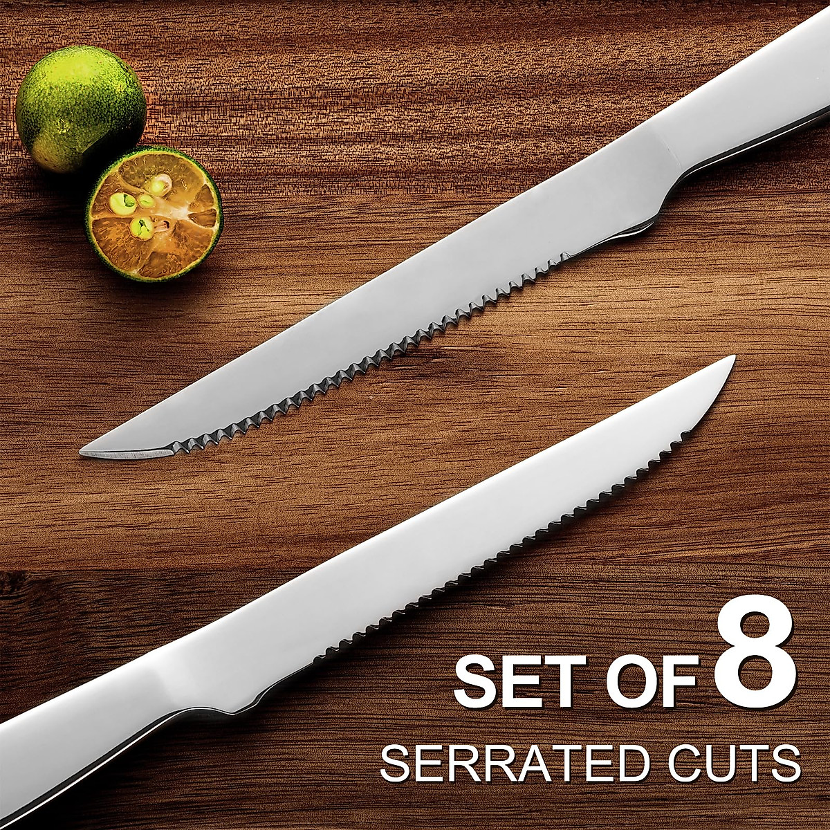 Steak Knives Set of 8, Eisinly Sharp Serrated Knife Set with Sturdy Full Stainless Steel Handle for Kitchen Restaurant Party, 9.5 Inches, Silver