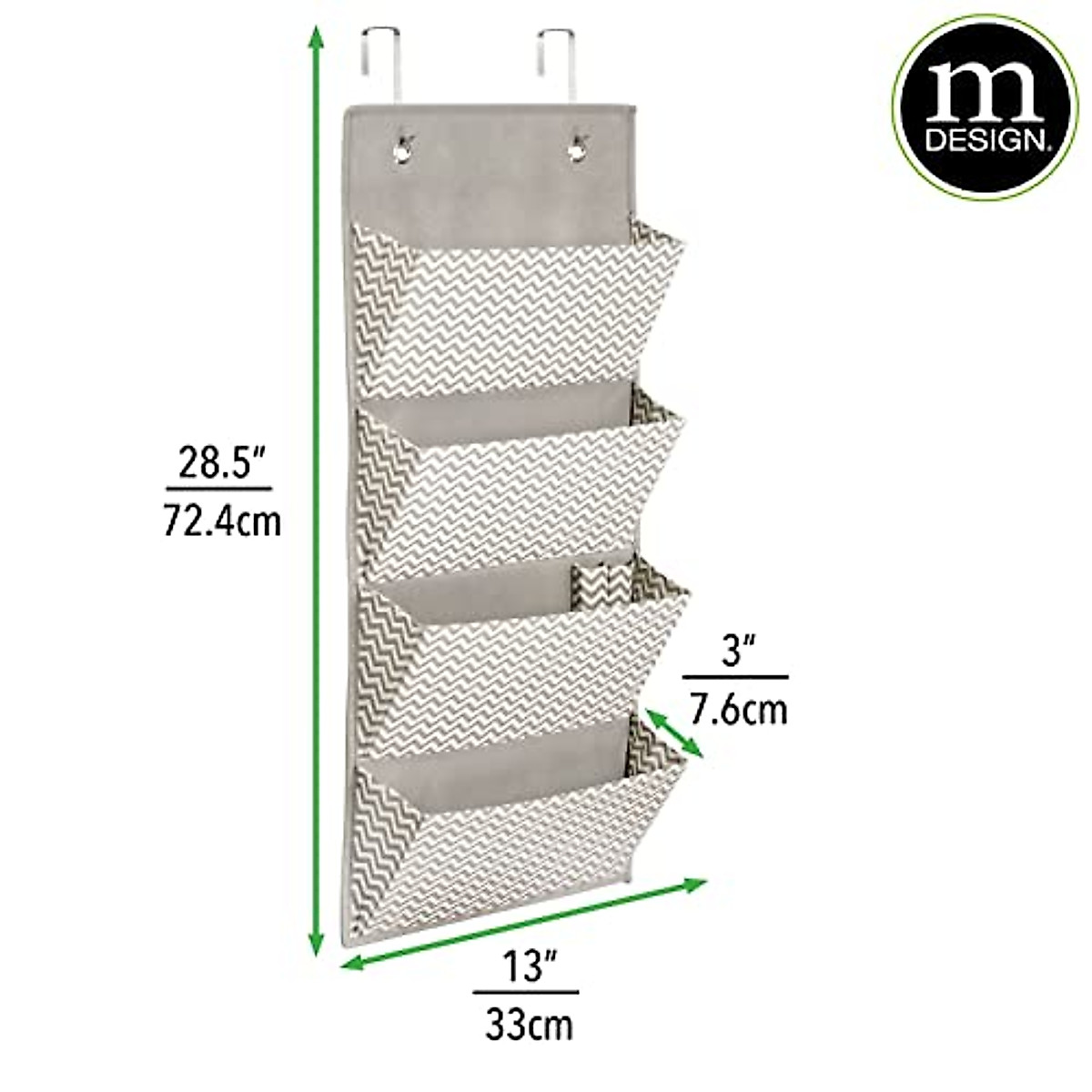 mDesign Soft Fabric Wall Mount/Over Door Hanging Storage Organizer - 4 Large Cascading Pockets - Holds Office Supplies, Planners, File Folders, Notebooks - Chevron Zig-Zag, 2 Pack - Taupe/Natural