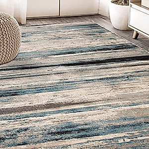 SUPERIOR Indoor Large Area Rug, Striped Damask Modern Decor for Living/ Dining Room, Office, Bedroom, Entryway, Kitchen, Dorm, Hardwood Floor Throw, Jute Backed, Taia Collection, Blue-Cream, 5' x 8'